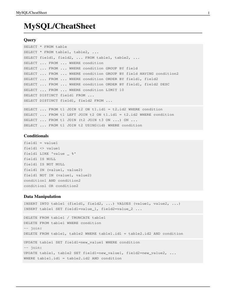 MySQL CheatSheet | PDF | Sql | Data Management Software