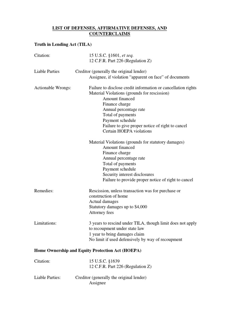 16 List of Affirmative Defenses and Counterclaims | PDF | Mortgage Law ...