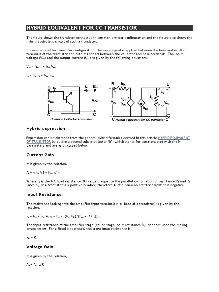 Hybrid Equivalent For CC Transistor | PDF | Amplifier | Bipolar ...