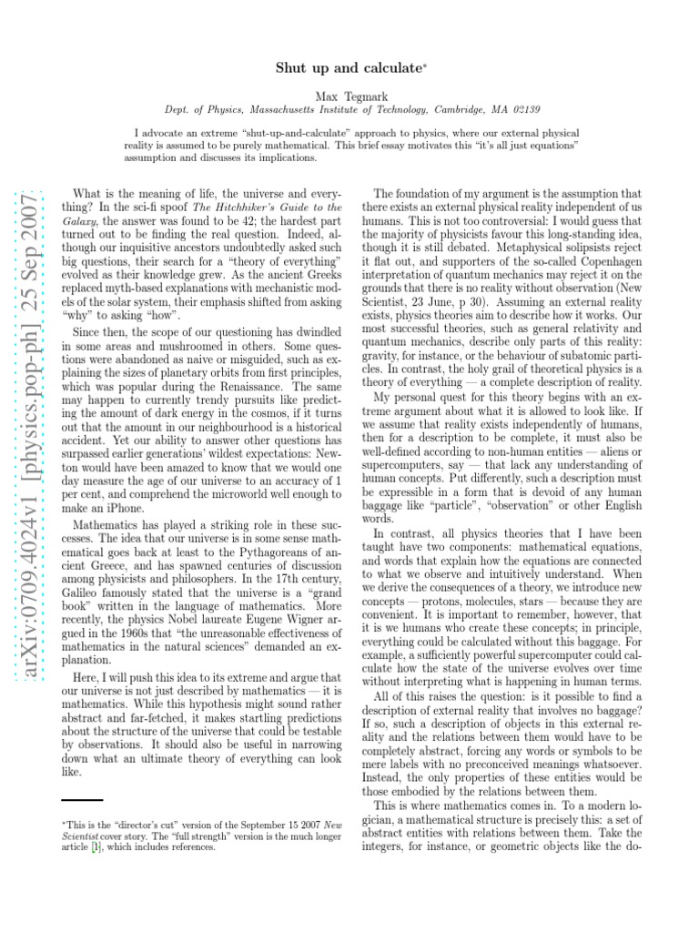 Max Tegmark - Shut Up and Calculate | PDF | Multiverse | Universe