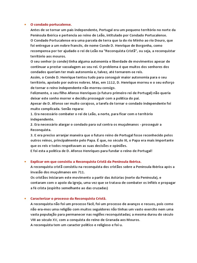 O Condado Portucalense-Resumo | PDF | Cruzadas | Península Ibérica