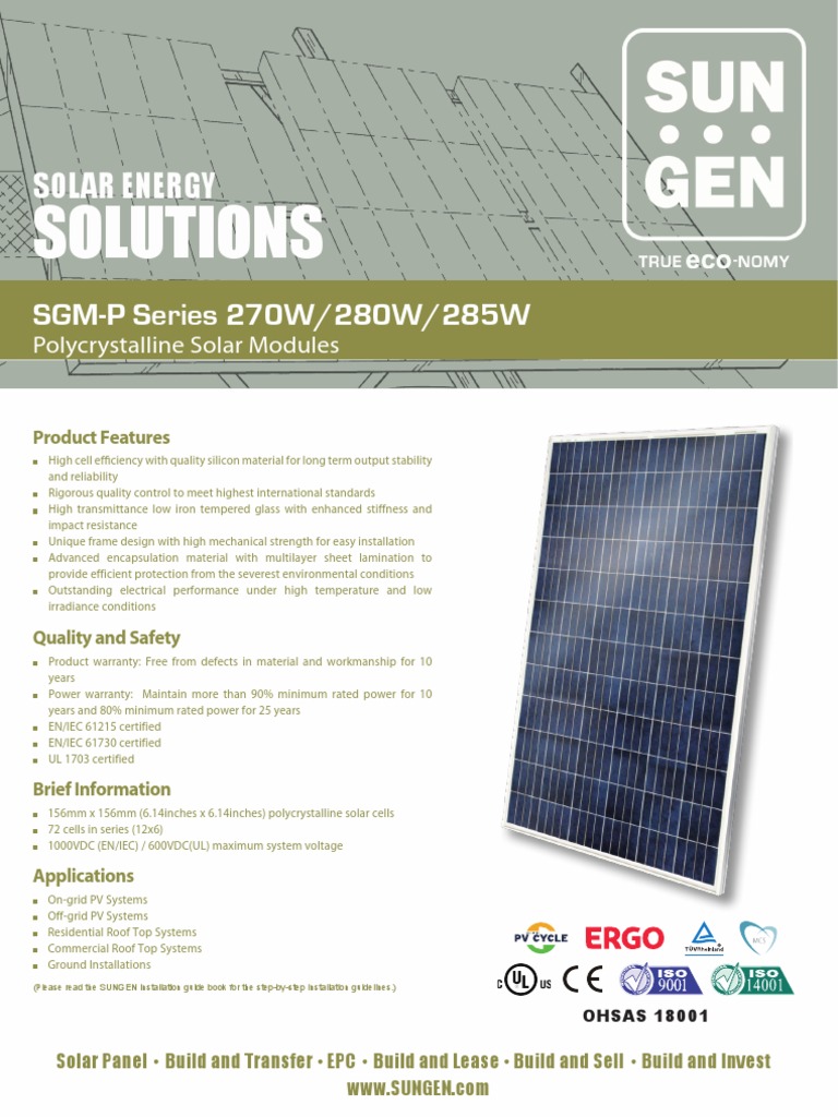 Sungen Solar SGM-P270-285 | PDF | Photovoltaic System | Solar Panel