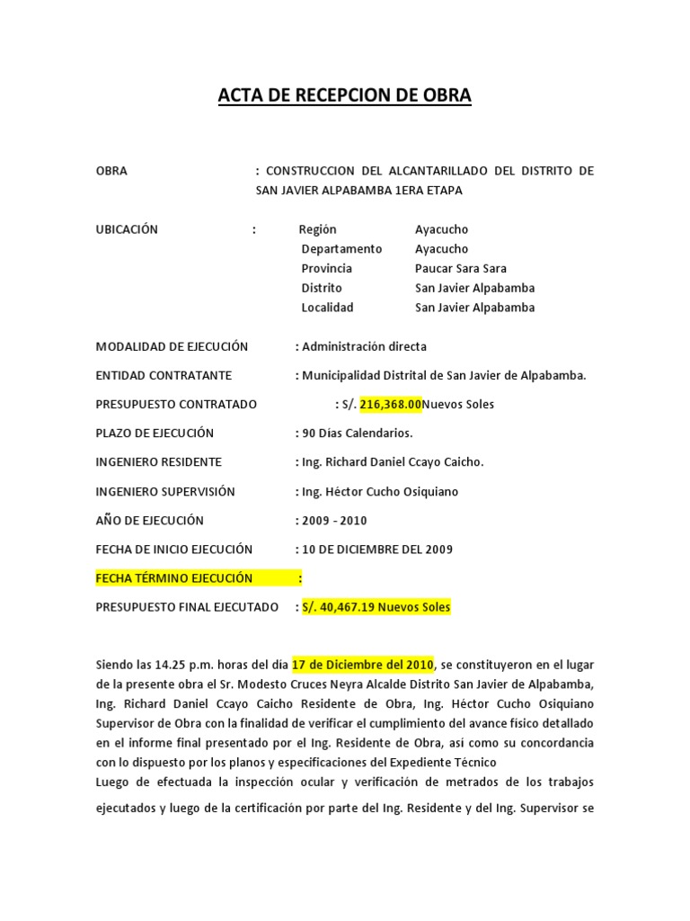 Acta Recepcion de Obra | PDF | Gobierno