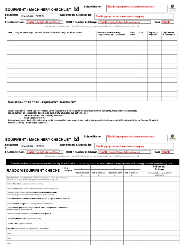 Maintenance Schedule and Checklist for Petrol Chainsaw | PDF ...
