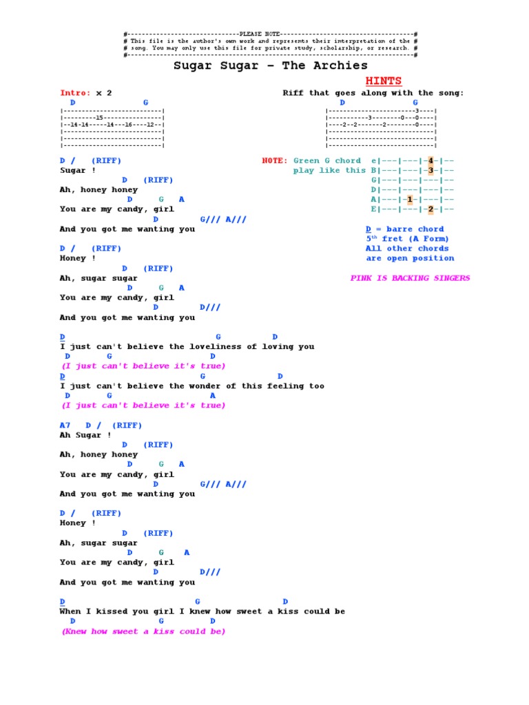 Sugar Sugar Chords and Tabs | PDF | Leisure | Entertainment (General)