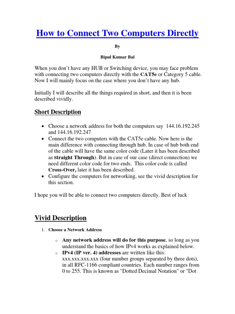 Direct Connection of Two Computers | PDF | Ip Address | Computer Network