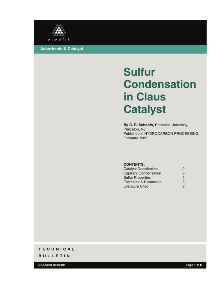Sulfur Condensation in Claus Catalyst | PDF | Catalysis | Physical Sciences