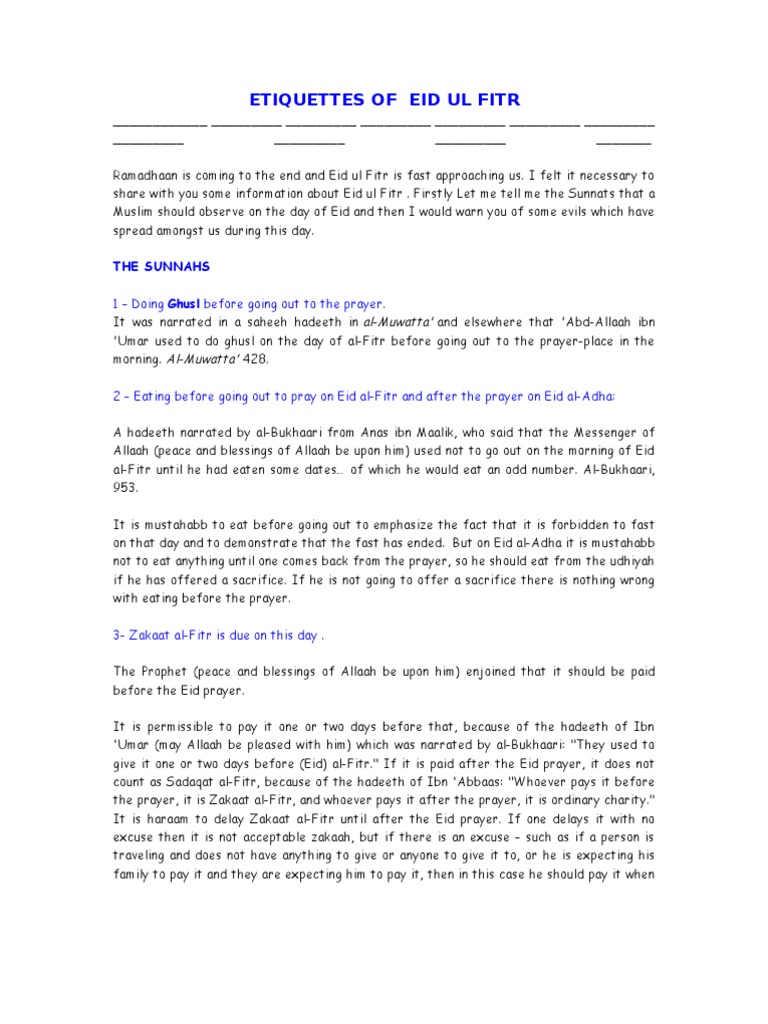 Etiquettes of Eid Ul Fitr | PDF | Takbir | Hadith Etiquettes of Eid Ul Fitr | PDF | Takbir | Hadith