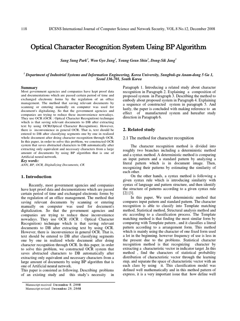 Optical Character Recognition System Using BP Algorithm: 2. Related Study | PDF | Optical ...