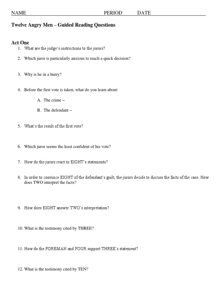 12 Angry Men - Guided Reading Questions Plus Key | PDF | Common Law ...