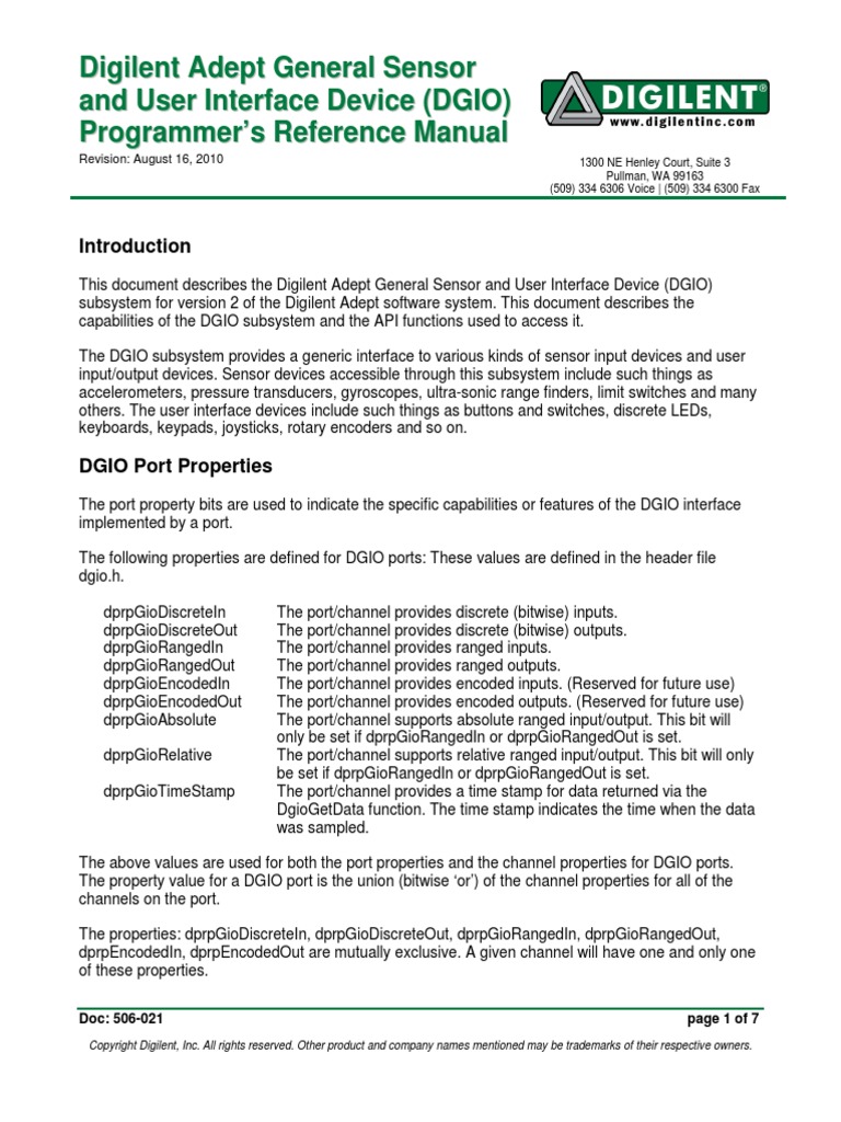 DGIO Programmer's Reference Manual | PDF | Parameter (Computer Programming) | Input/Output
