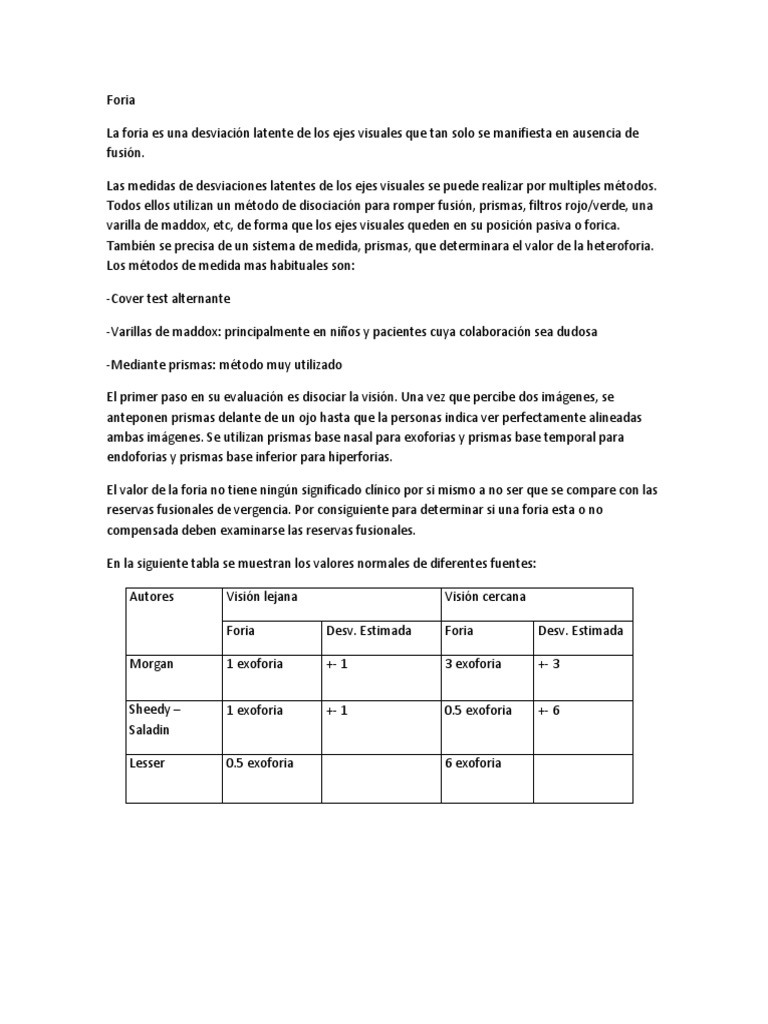 Tipos y evaluación de forias oculares | PDF