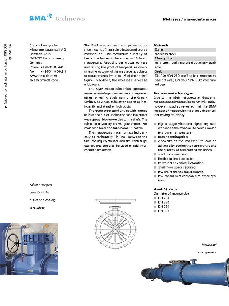 BMA Massecuite Mixer Specifications | PDF | Crystallization | Pipe ...