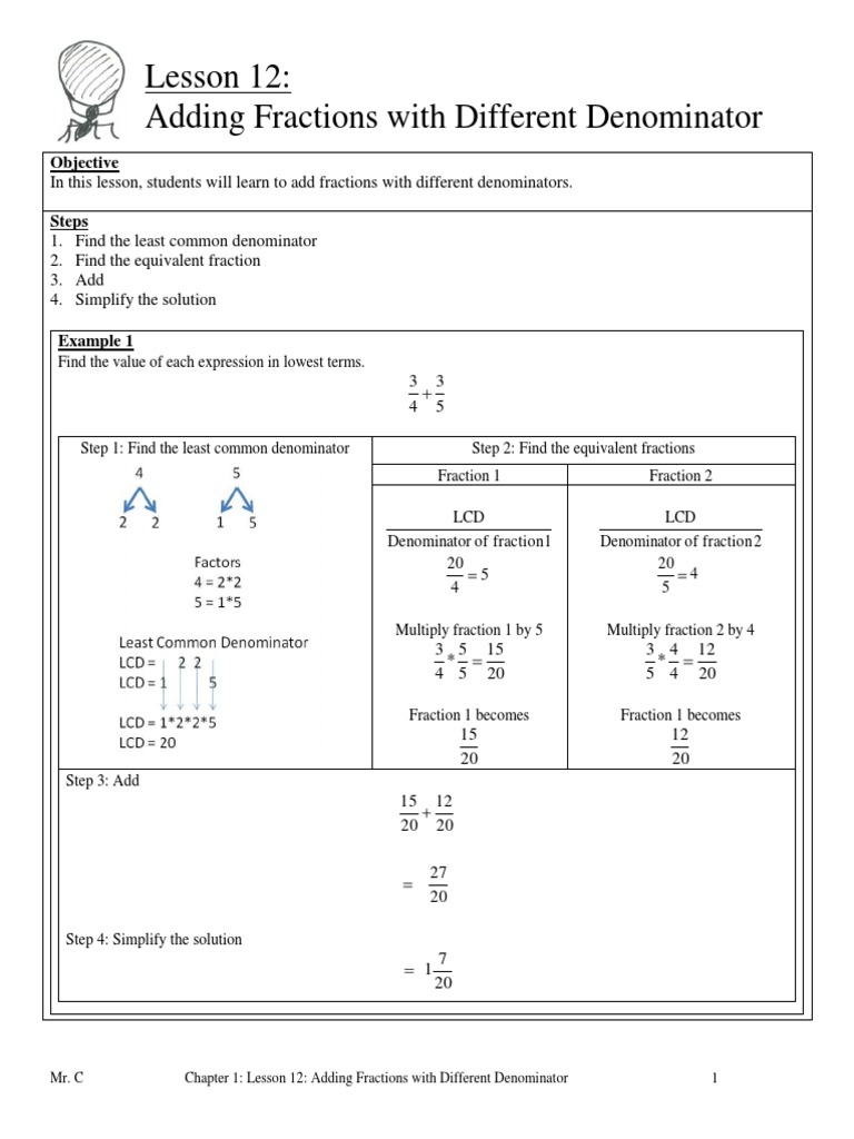 Lesson 12 Adding Fractions Different Denominators | Download Free PDF ...
