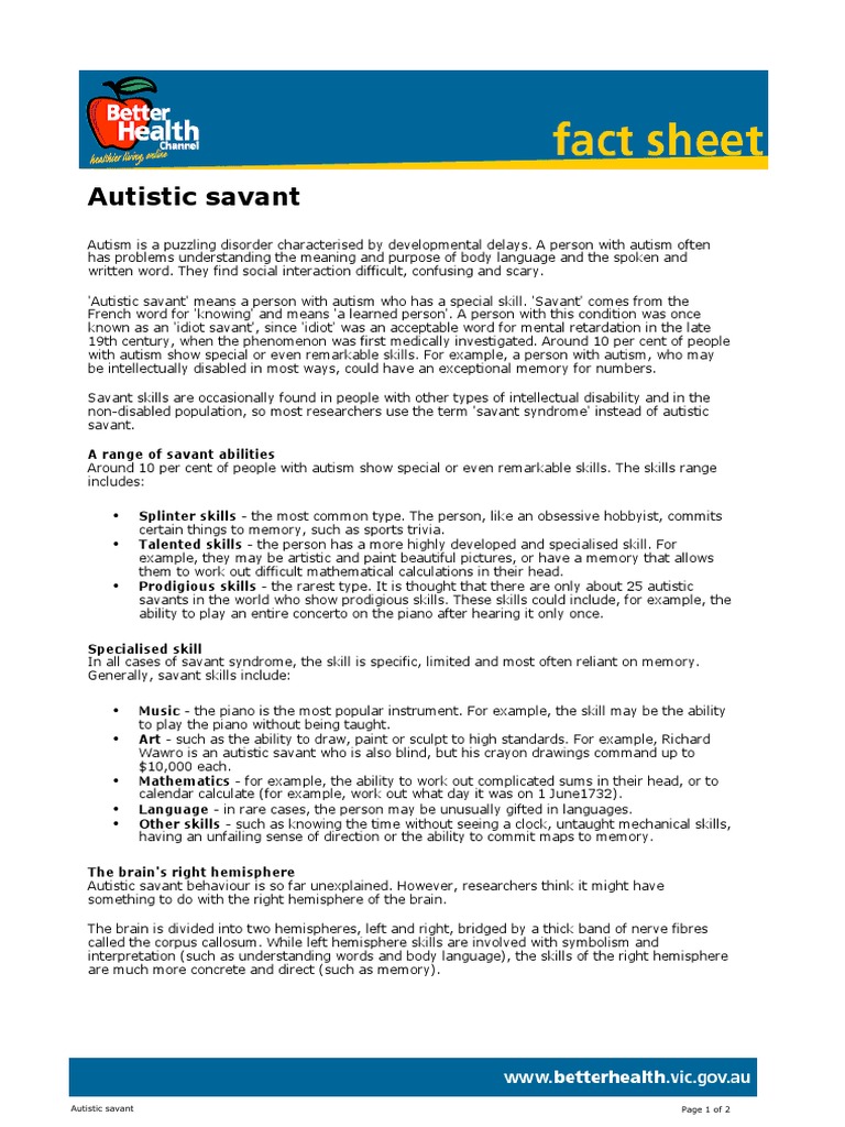 Autistic Savant | PDF | Autism | Lateralization Of Brain Function