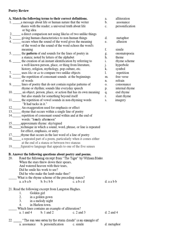 Poetry Review A. Match The Following Terms To Their Correct Definitions ...