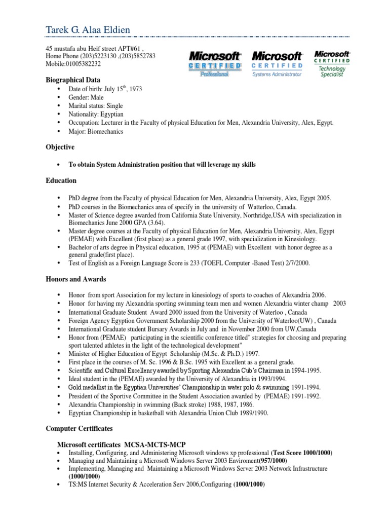Tarek G. Alaa Eldien: Biographical Data | PDF | Windows Server 2003 ...