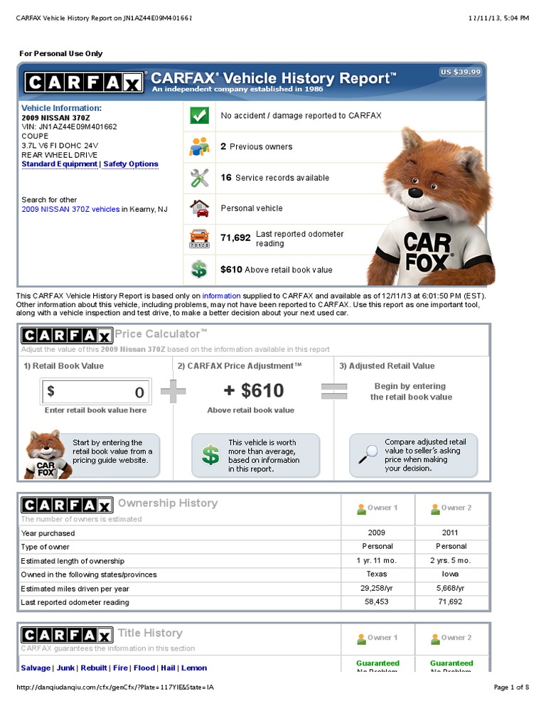 CARFAX Vehicle History Report On JN1AZ44E09M401662 | PDF | Motor ...