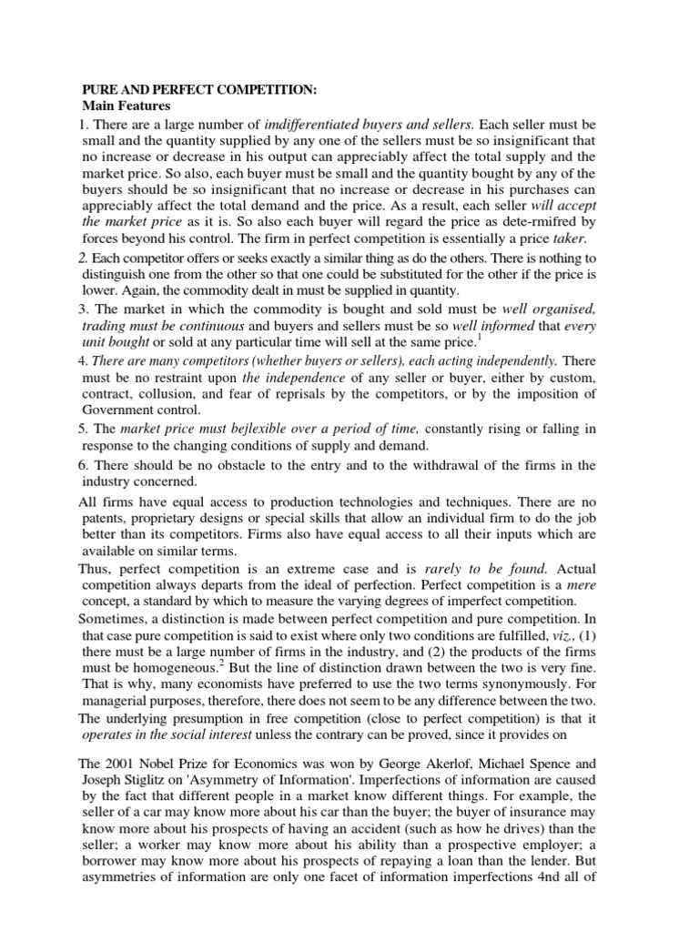 Pure and Perfect Competition: Main Features | PDF