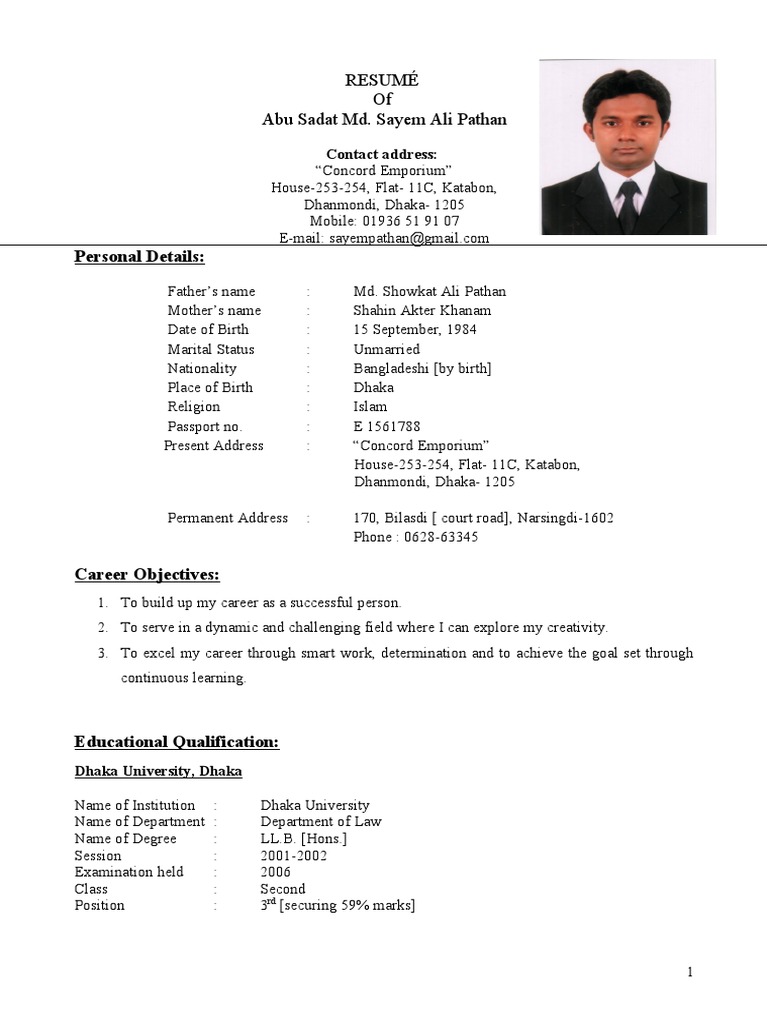Personal Details:: Resumé of Abu Sadat Md. Sayem Ali Pathan | PDF