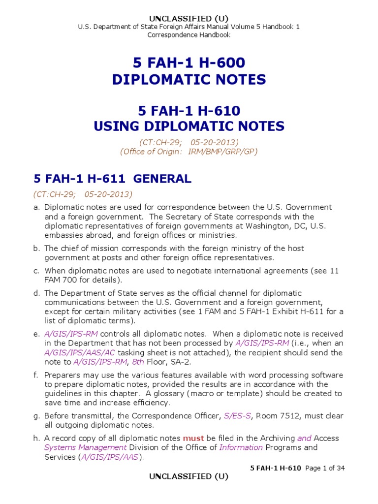 5 FAH-1 H-610 Using Diplomatic Notes | PDF | Diplomatic Rank | Ambassador