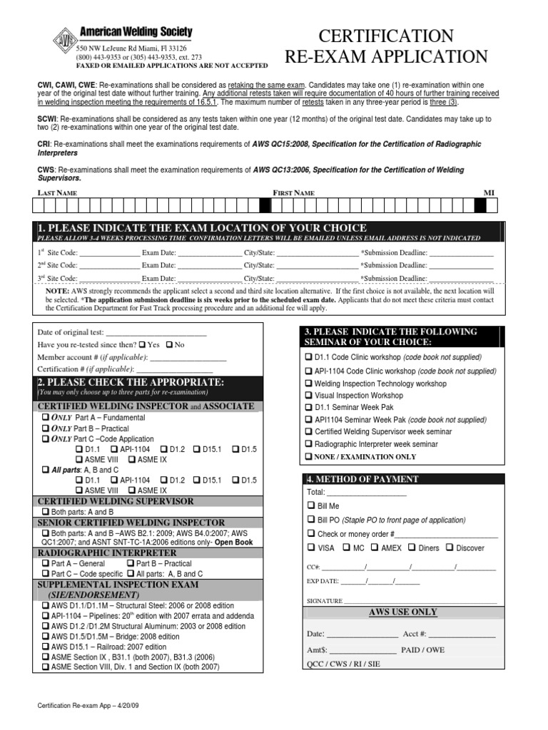 Certification Re-Exam Application: 1. Please Indicate The Exam Location ...
