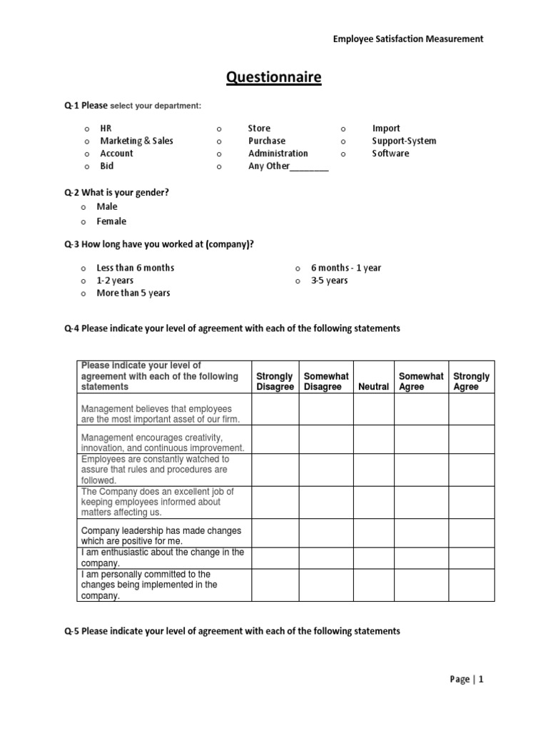 Employee Satisfaction Survey Questionnaire | PDF | Job Satisfaction ...