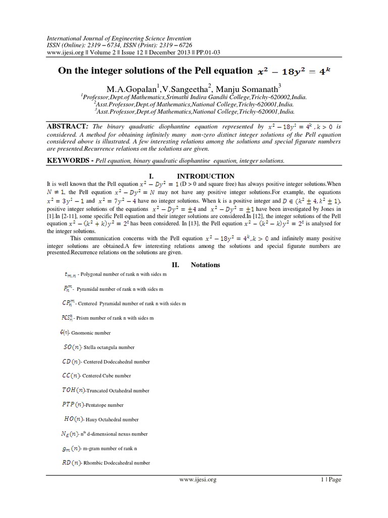 On The Integer Solutions of The Pell Equation: M.A.Gopalan, V.Sangeetha ...