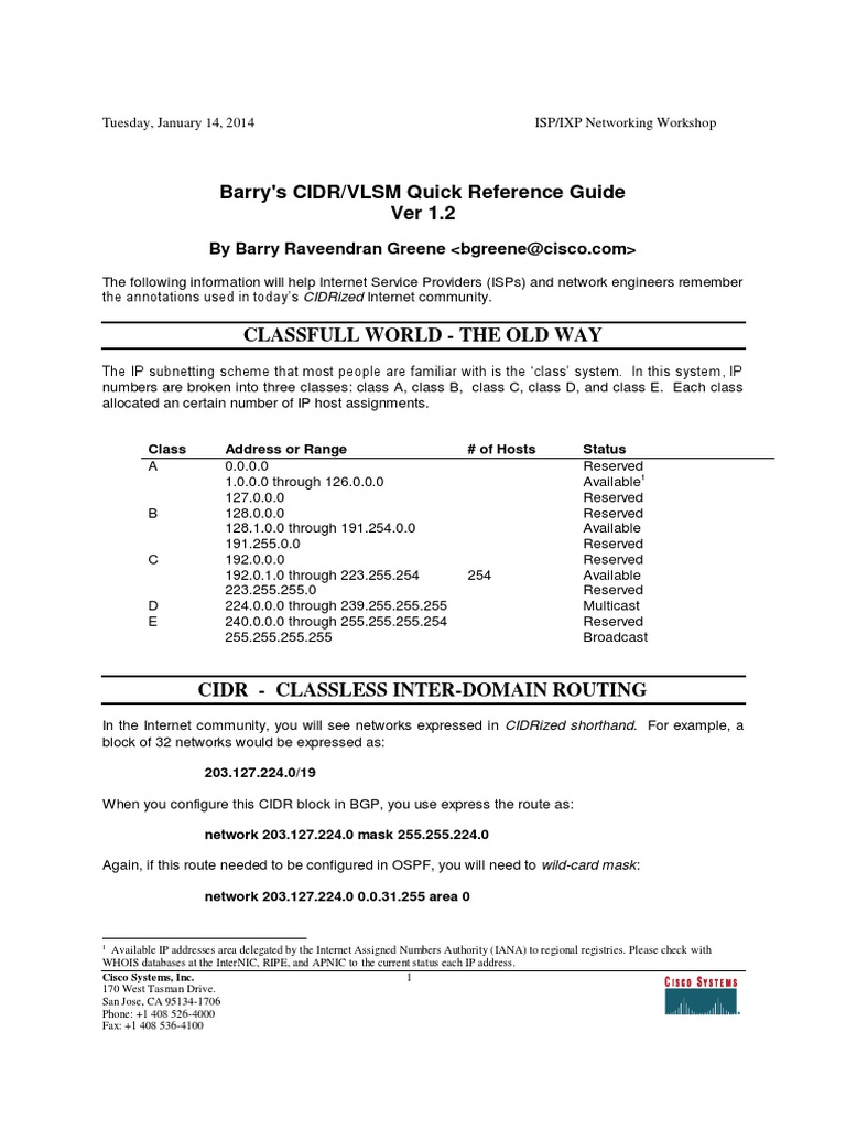 Barry's CIDR/VLSM Quick Reference Guide Ver 1.2: Tuesday, January 14, 2014 ISP/IXP Networking ...