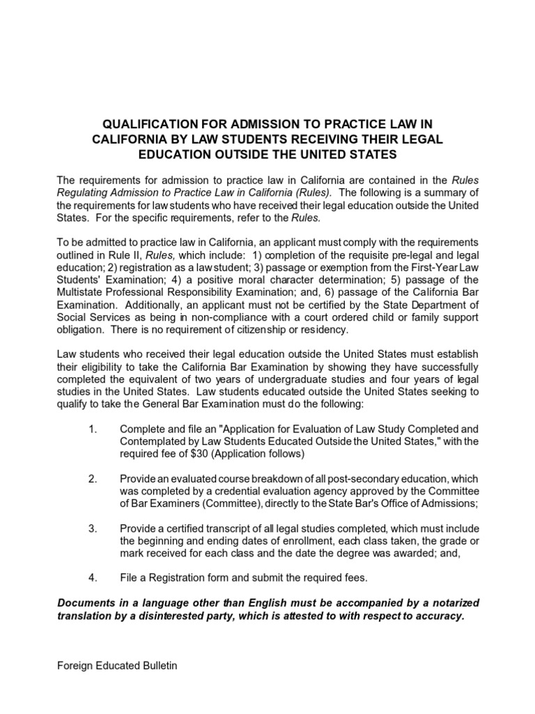 California Bar Admission for Foreign Law Students | PDF | State Bar Of ...