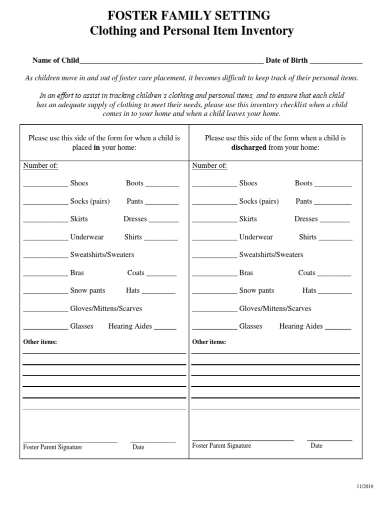 Foster Care Clothing Inventory Checklist | PDF | Wellness