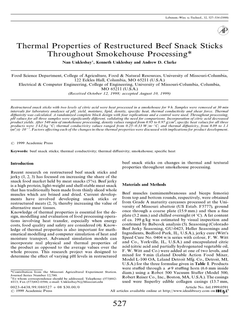 Thermal Properties of Restructured Beef Snack Sticks | PDF | Electrical ...