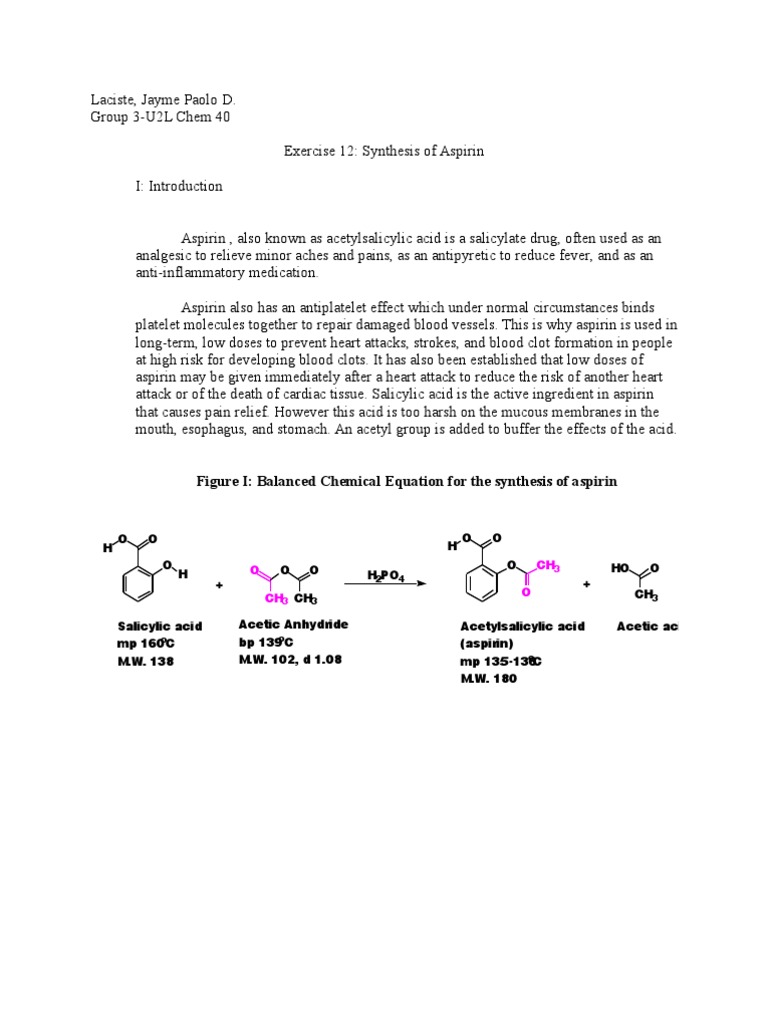 Chemistry 40 Synthesis of Aspirin (Please Edit Schematic Diagram) | PDF ...
