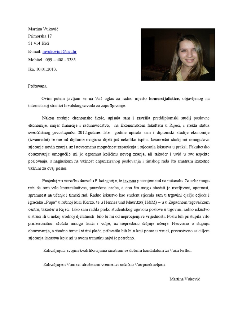 Zamolba Za Posao - Martina Vuković | PDF