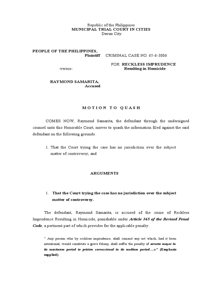 Motion To Quash | PDF | Deviance (Sociology) | Legal Communication