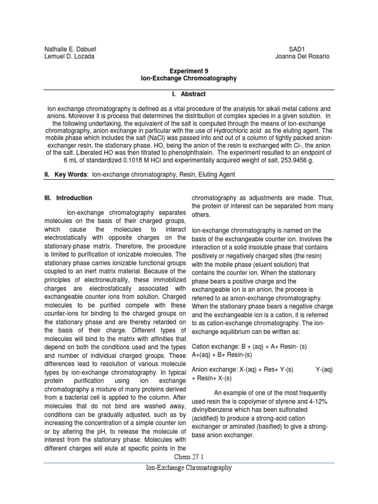 Chem 18.1 Experiment 9 'Ion Exchange Chromatography | Download Free PDF ...