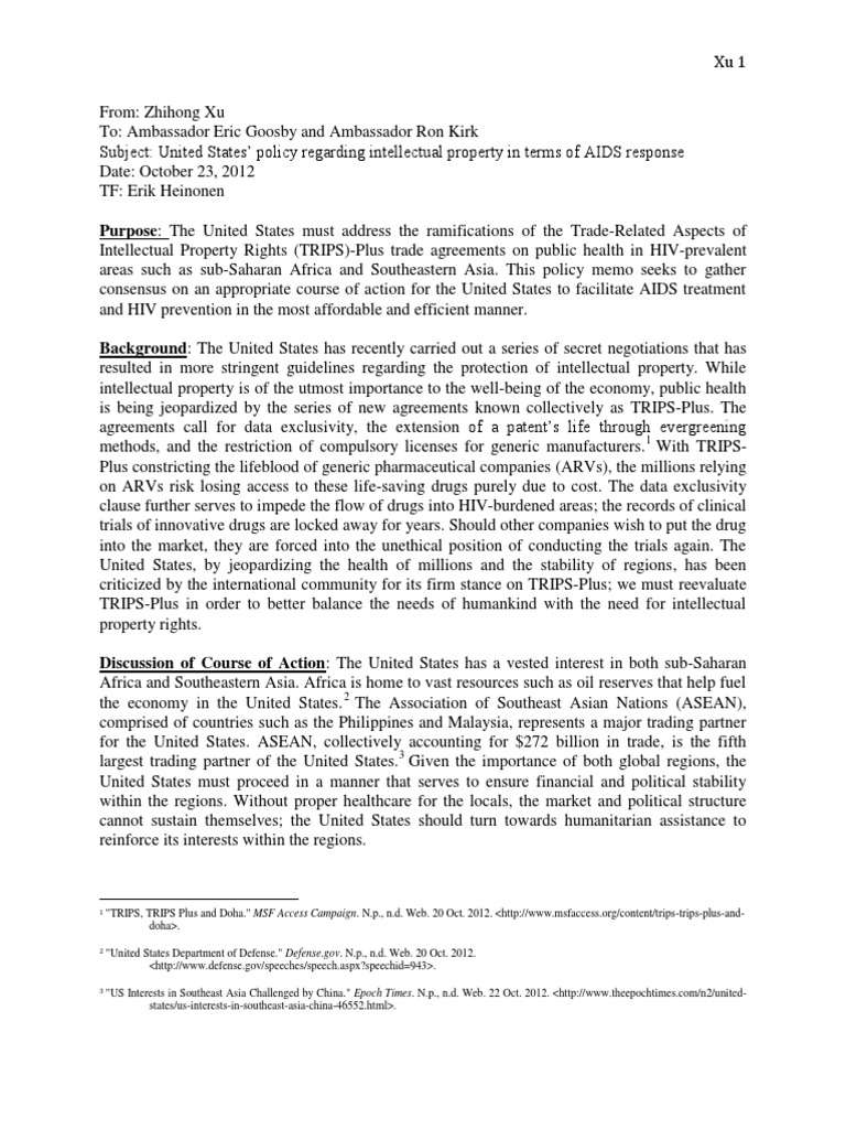 HIV Policy Memo | Pharmaceutical Drug | Intellectual Property