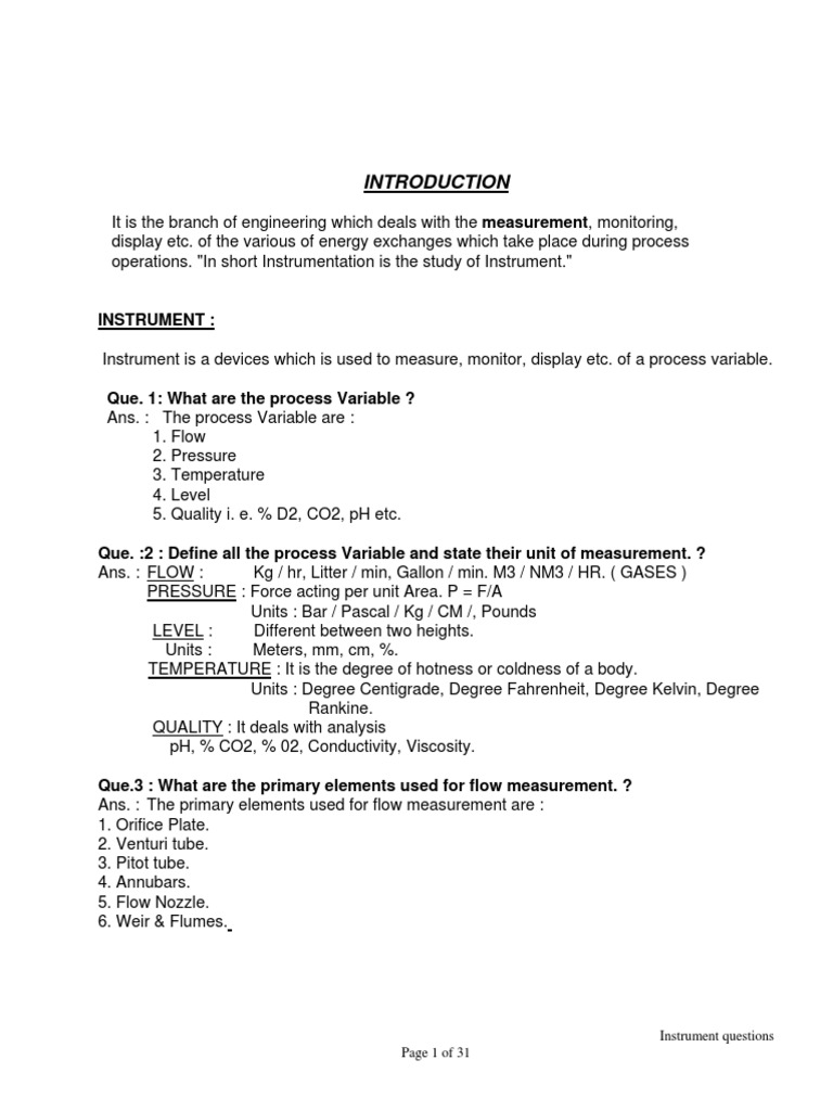 Interview Questions For Instrumentation Engineers | PDF | Pressure ...
