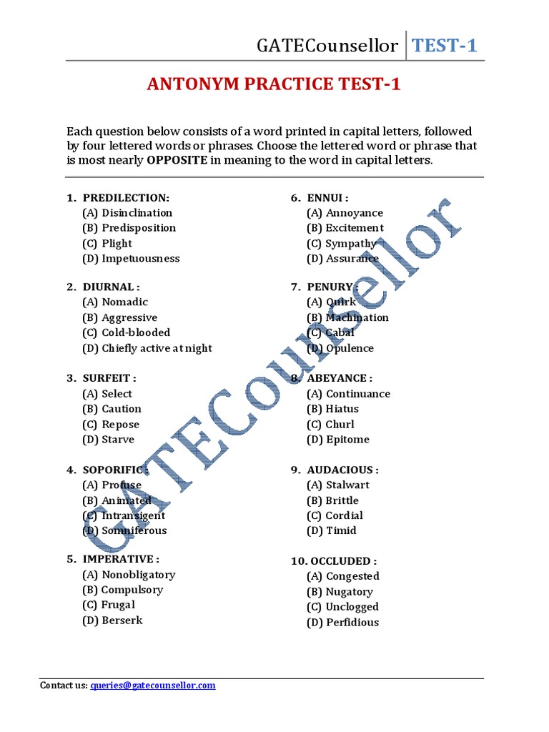 Gatecounsellor: Antonym Practice Test-1 | PDF