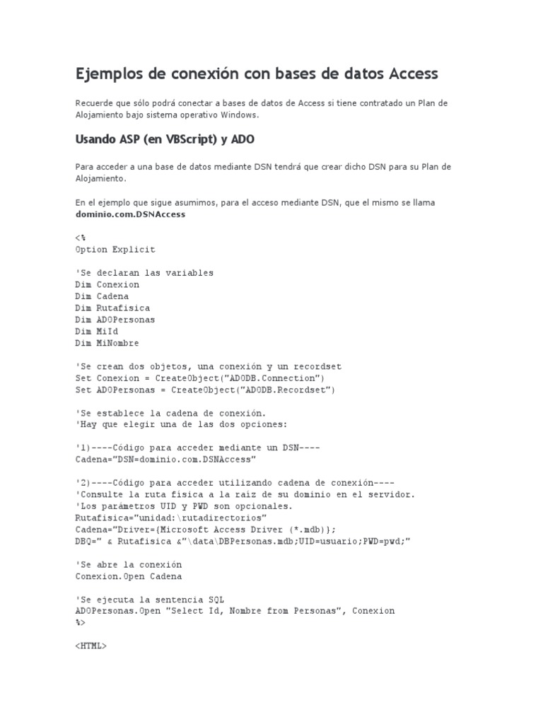 Ejemplos De Conexión Con Bases De Datos Access Pdf Active X Data Objects Lenguaje De