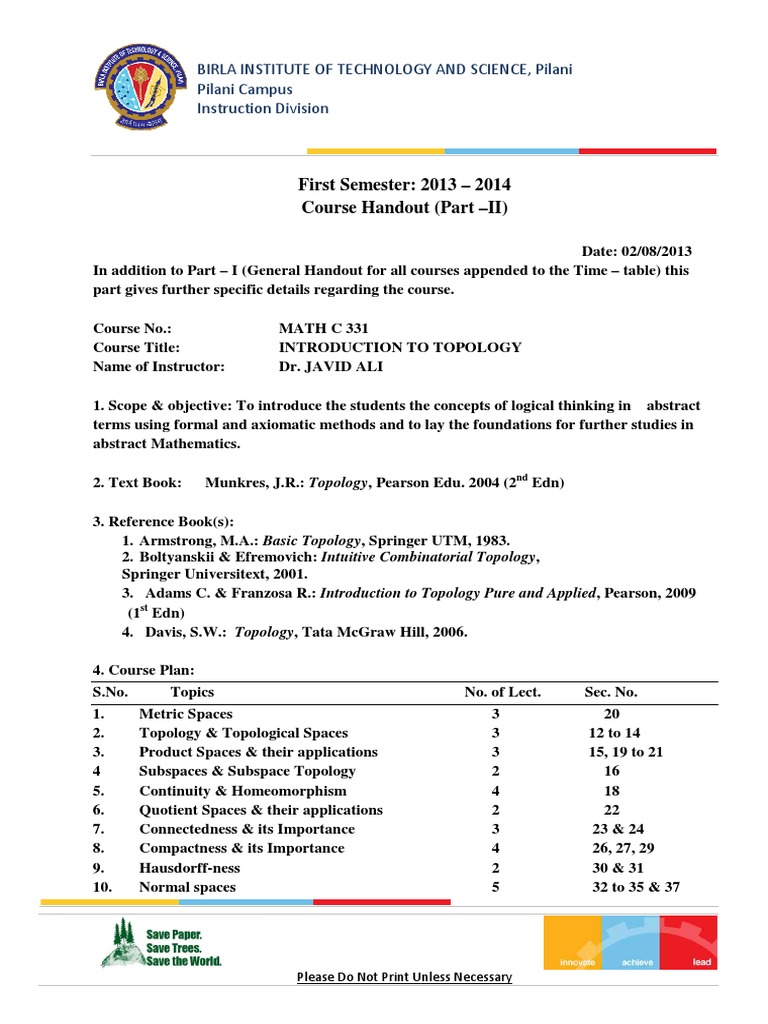 BITS Pilani Topology Handout | PDF | General Topology | Topology