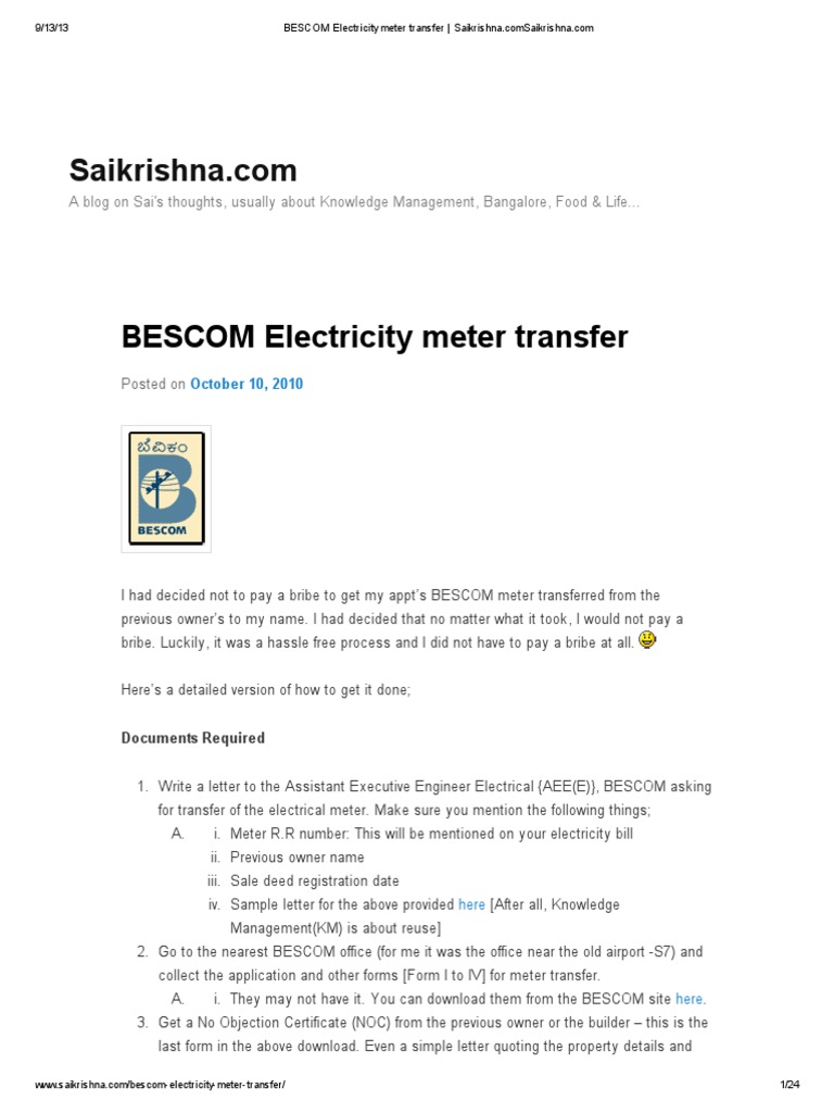 Bescom Electricity Meter Transfer Saikrishna Comsaikrishna Pdf