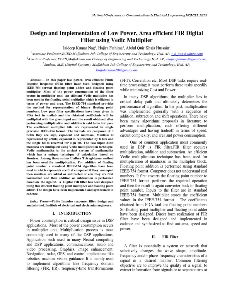 Design and Implementation of Low Power, Area Efficient FIR Digital ...