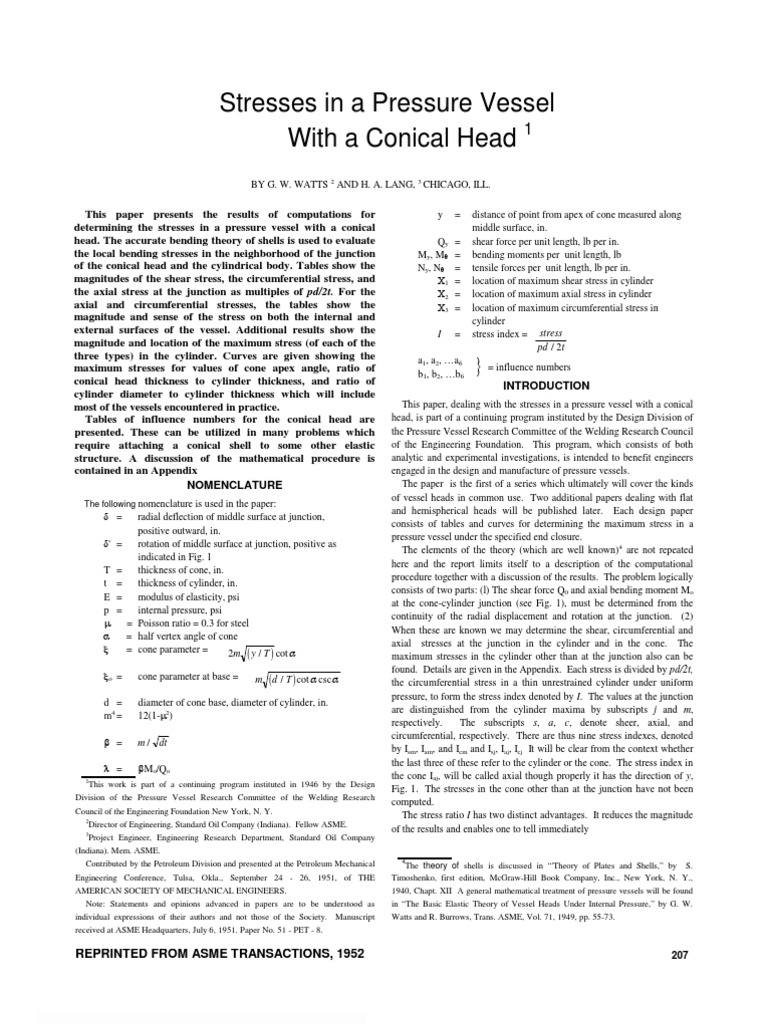 Watts - Stresses in A Pressure Vessel With A Conical Head | PDF ...
