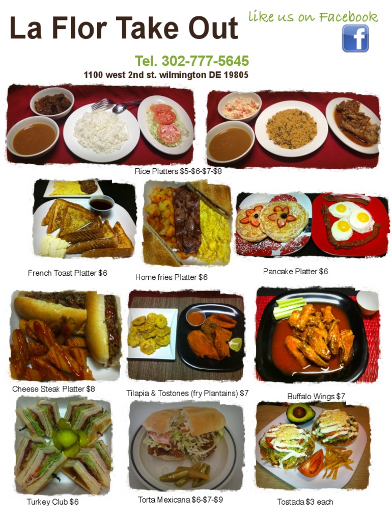 La Flor Take Out Menu Wilmington DE | PDF | Cooking, Food & Wine