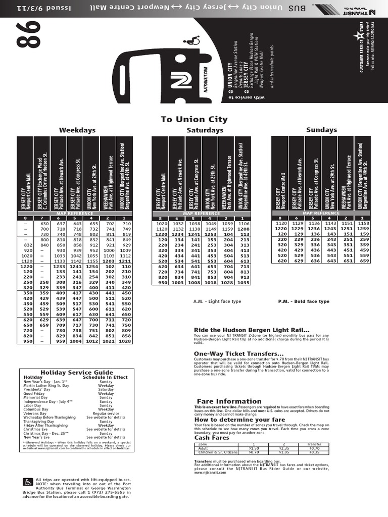 86 Union City Bus Schedule | PDF | Jersey City | Fare