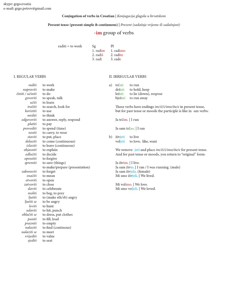 Croatian Verb Conjugation Guide | PDF | Language Arts & Discipline
