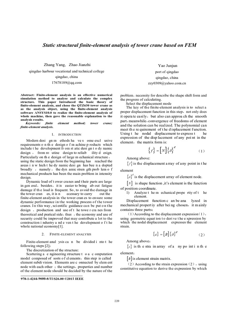 Static Structural Finite Element Analysis Of Tower Crane Based On Fem Pdf Finite Element