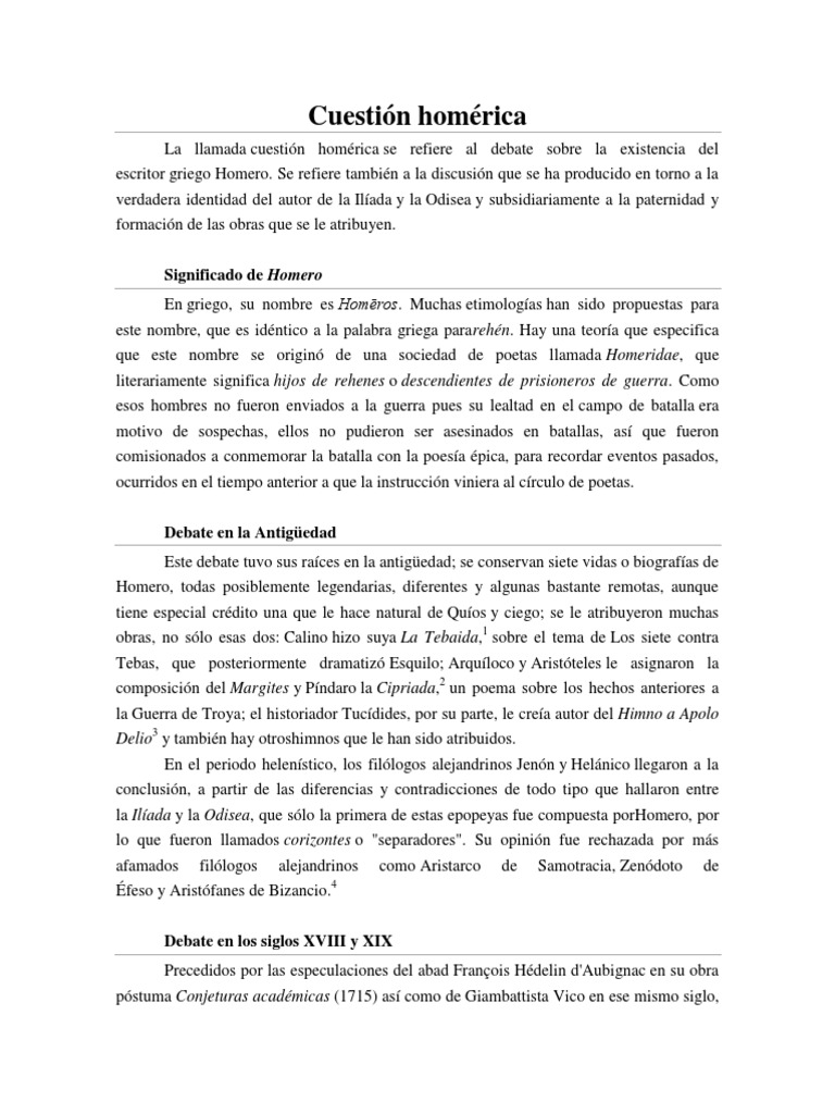 La Cuestión Homérica: Orígenes y Debates | PDF | Homero | Literatura ...