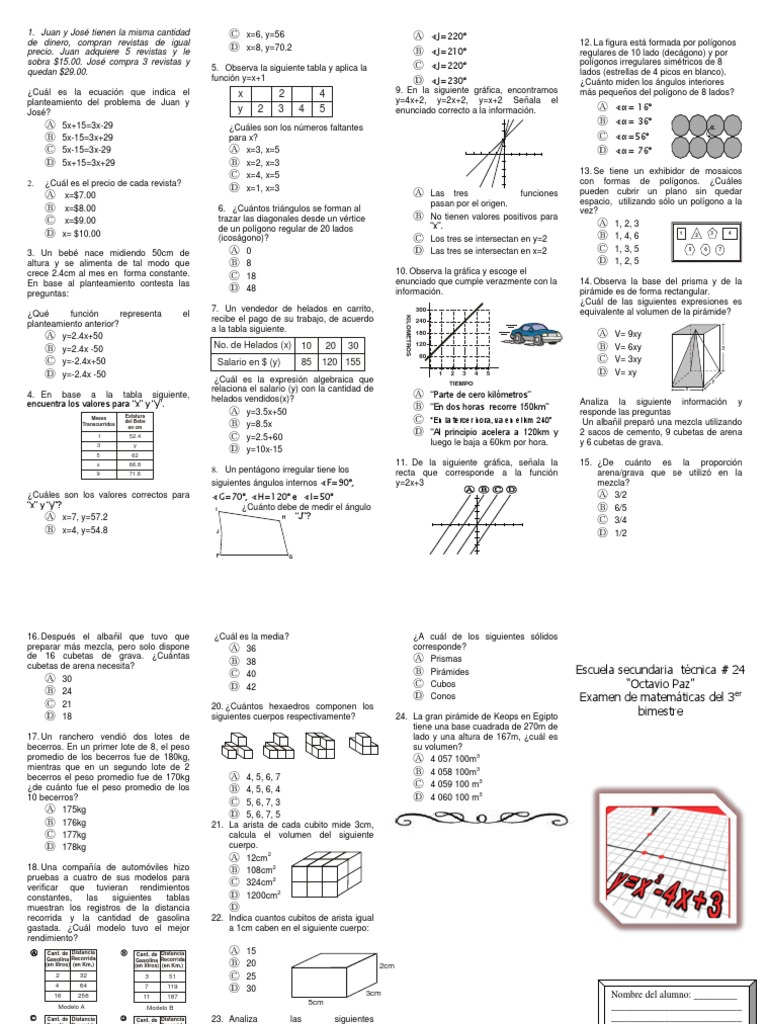 Examen Del 2c Tercer Bimestre de Matematicas | Descargar gratis PDF ...